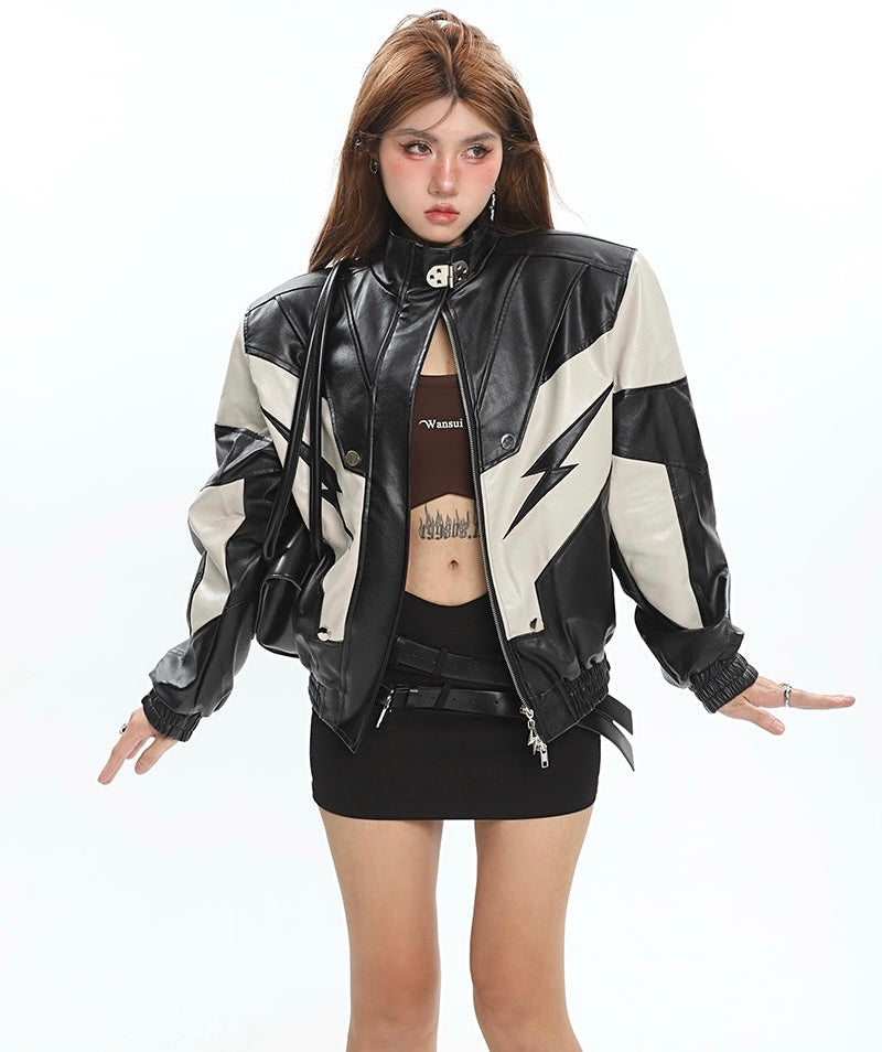 Lightning Bolt Pu Leather Patchwork Zip Up Jacket – Al Grandé Boutique