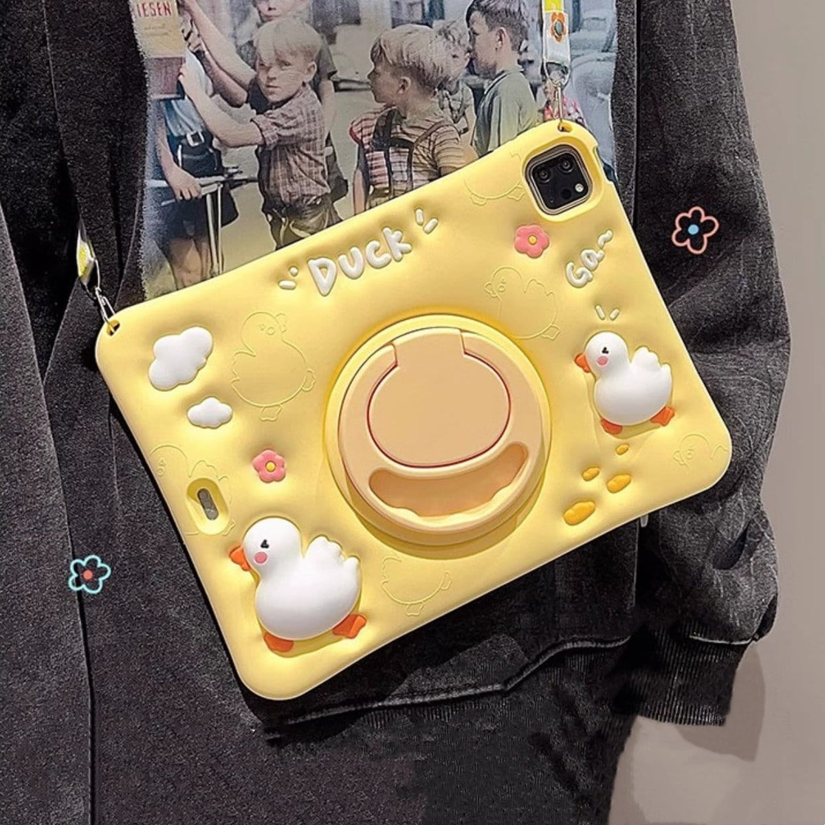 Cute 3D Yellow & White Duckling Design + Built in Stand + Shoulder Str ...