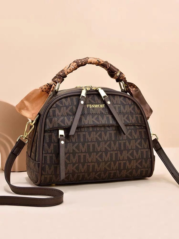 Minimalist Simple Monogram Print Brown Bag, Cute Handle Bag, Crossbody ...