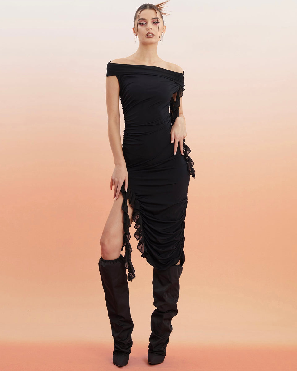 Shayla Unicorn Blood Solid Color Black Off The Shoulder Ruched Tassel ...