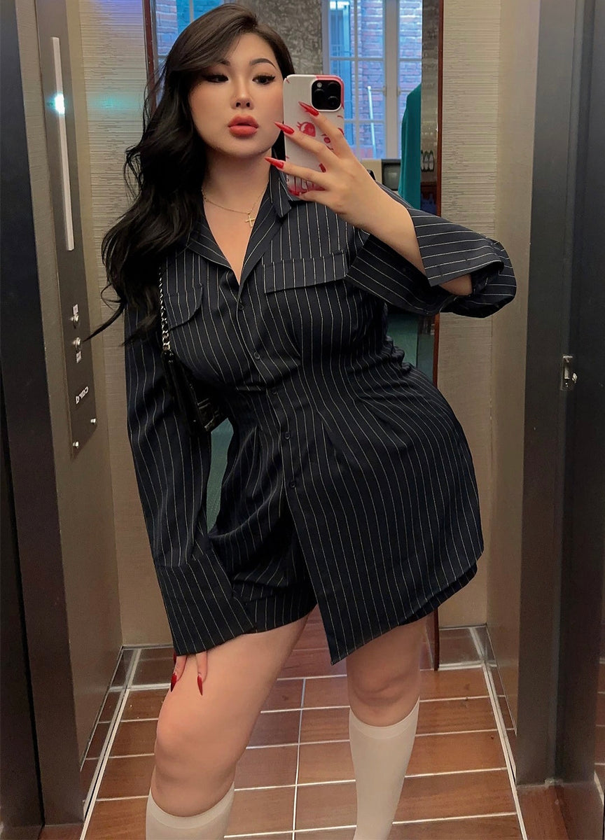 Colly Dark Blue White Striped Office Shirt Short Long Sleeve Button Up ...